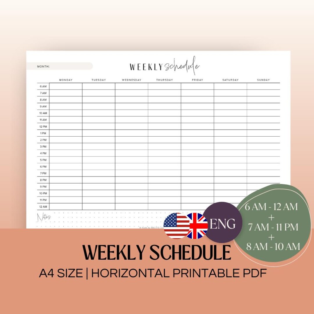 Weekly Schedule | A4 Landscape Printable PDF | Hourly Schedule | School ...