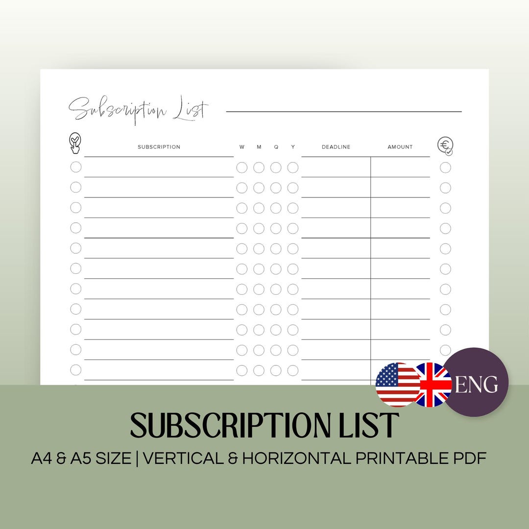 Subscription List | A4 & A5 Printable PDF | Printable Planner ...