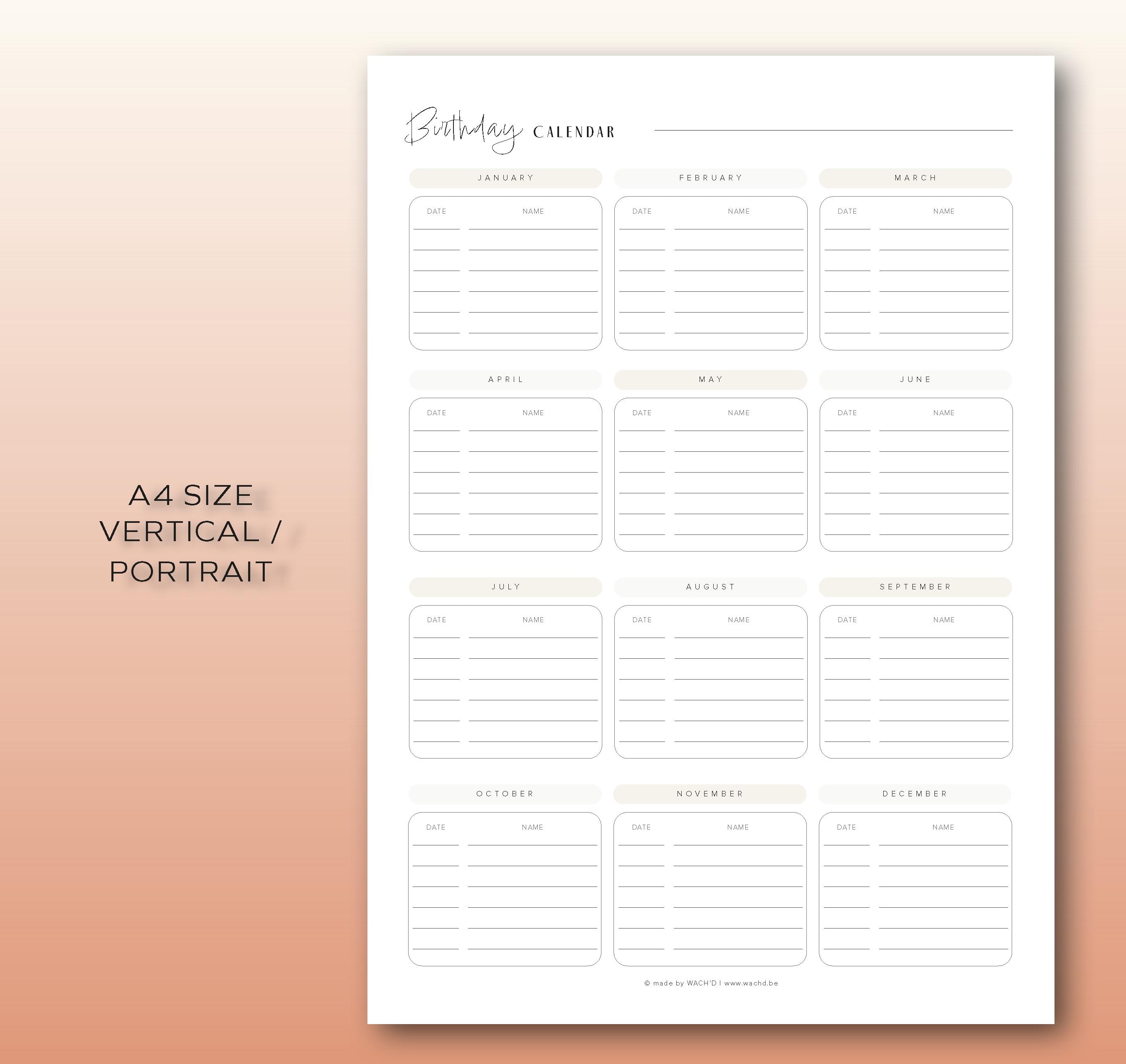 Birthday Calendar | A4 & A5 Printable PDF | Printable Planner ...