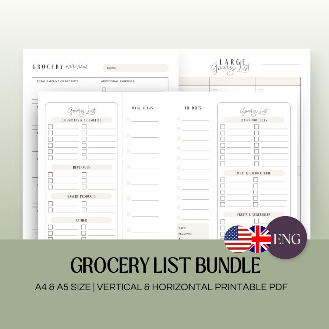 Grocery List Bundle | A4 & A5 Printable PDF | Printable Planner ...