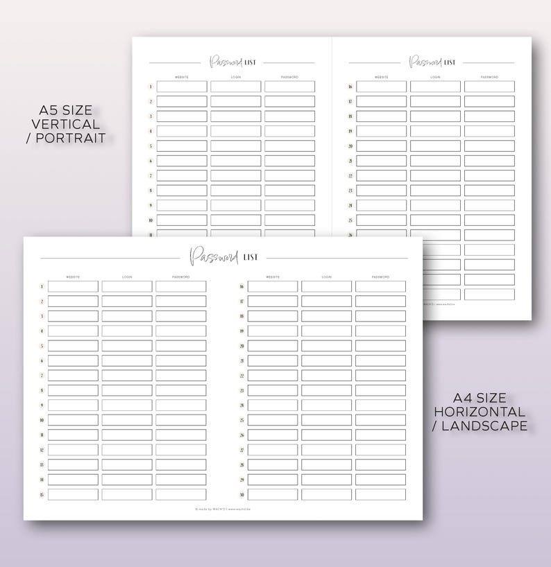 Password List | A4 & A5 Printable PDF | Printable Planner | Passwordlog ...