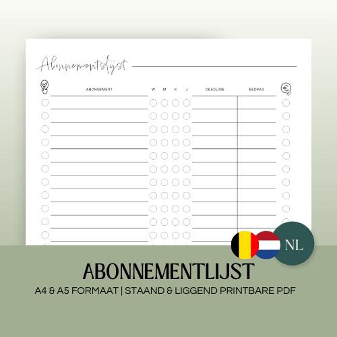 Subscription List (dutch) | A4 & A5 Printable PDF | Printable Planner ...