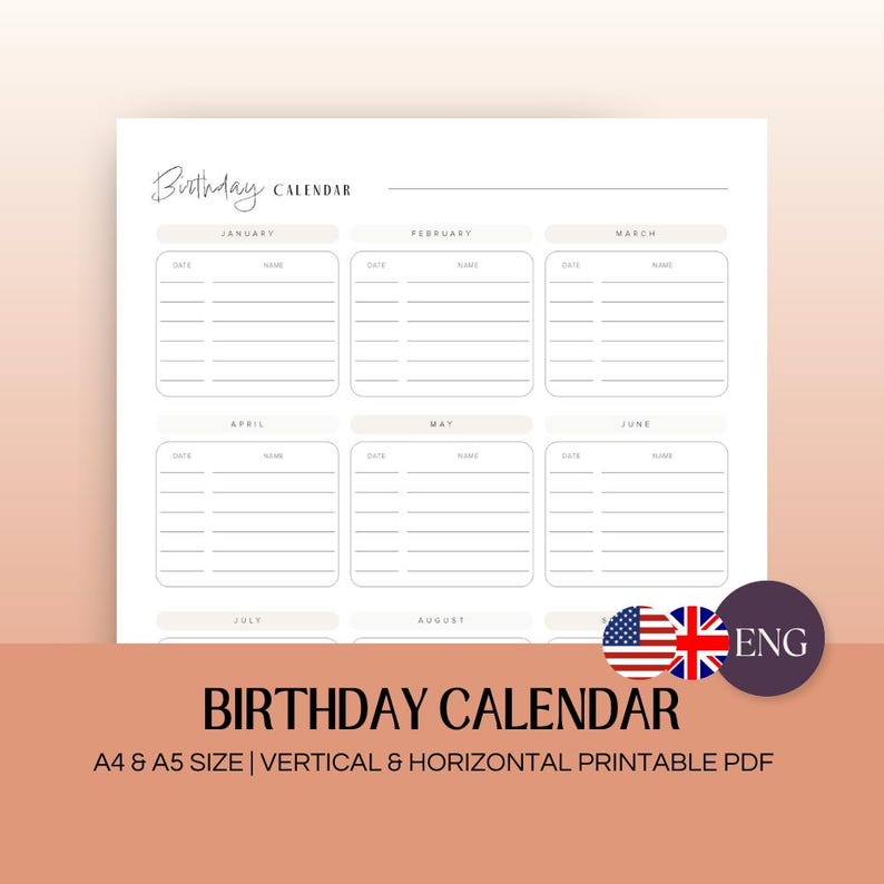 Birthday Calendar | A4 & A5 Printable PDF | Printable Planner ...
