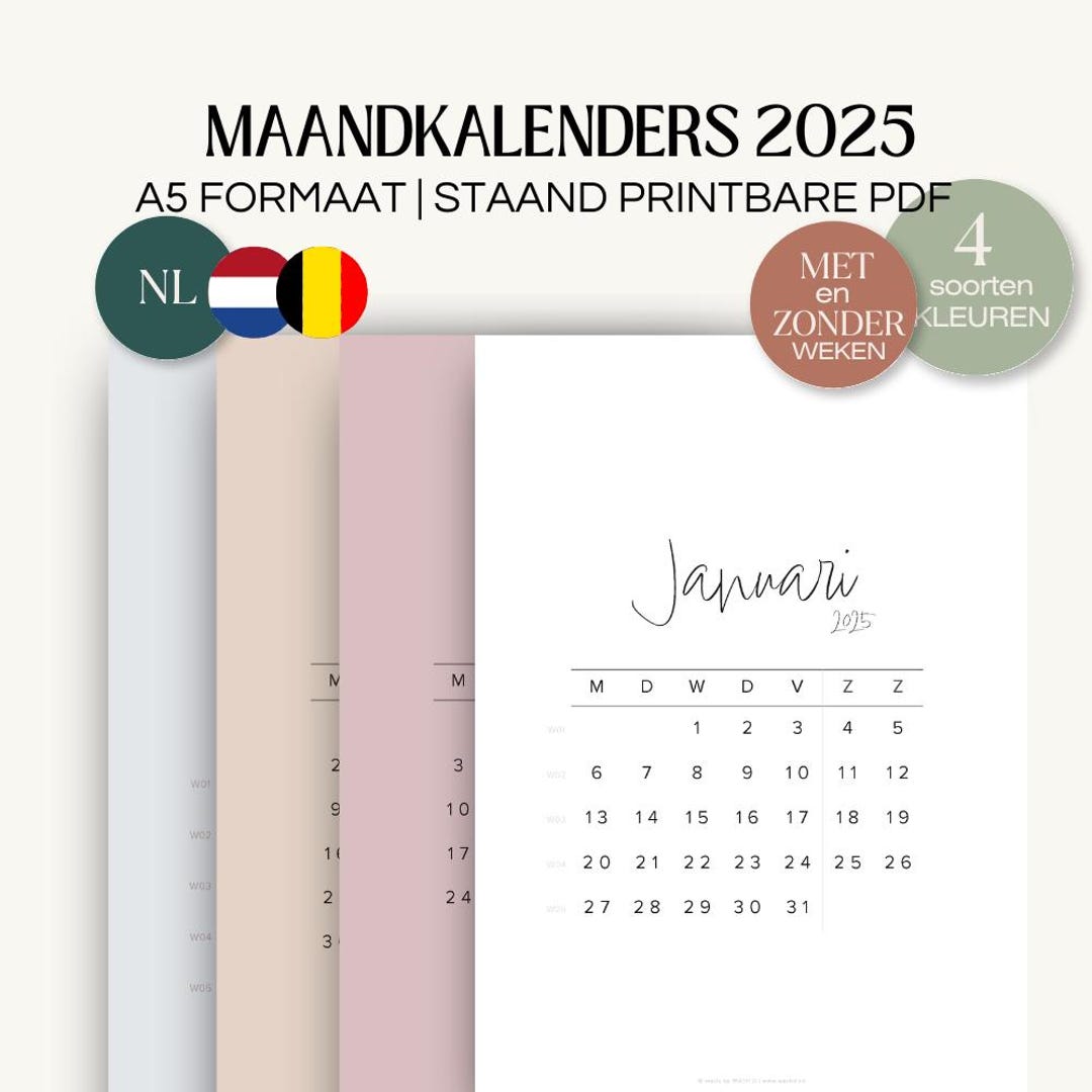 Monthly Calendars 2025 dutch A5 Printable Pdf Printable Planner Month ...