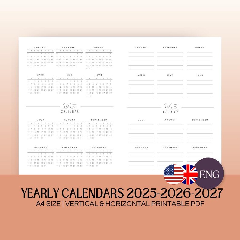 Yearly Calendars 2025-2026-2027 | A4 & A5 Printable PDF | Printable Planner | Yearly Overview ...