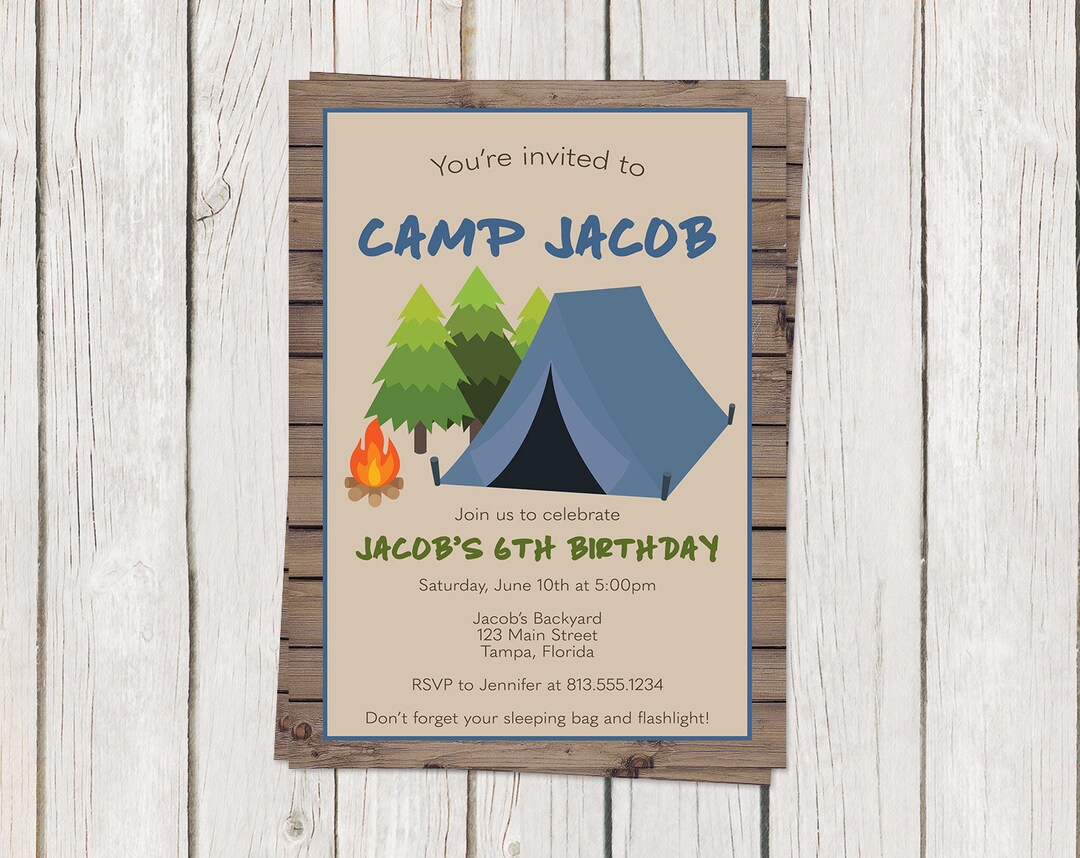 Camping Birthday Party Invitation, Tent, Nature, Camp, Bday, Kids, Wood ...
