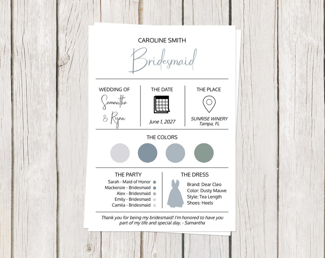 Digital Bridesmaid Information Card, Bridal Party, Maid of Honor ...