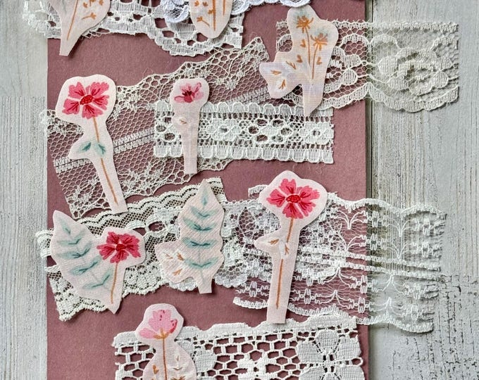9 Delicate Fussy Cut Flower Lace Snippets. Great for Appliqué, Junk ...