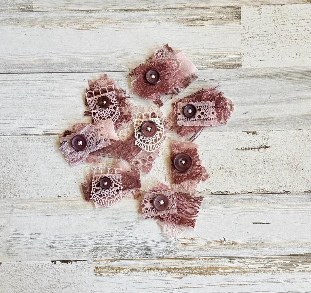 8 Hand Dyed Lace and Chiffon Clusters in Dark Brown/mauve/pink; Shabby ...