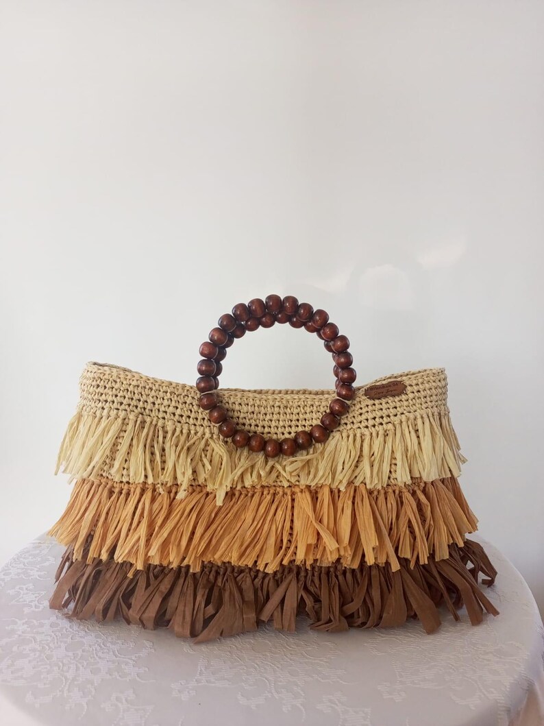 Handmade Straw Fringe Tote Bag With Wooden Beaded Handle, Boho Beach ...