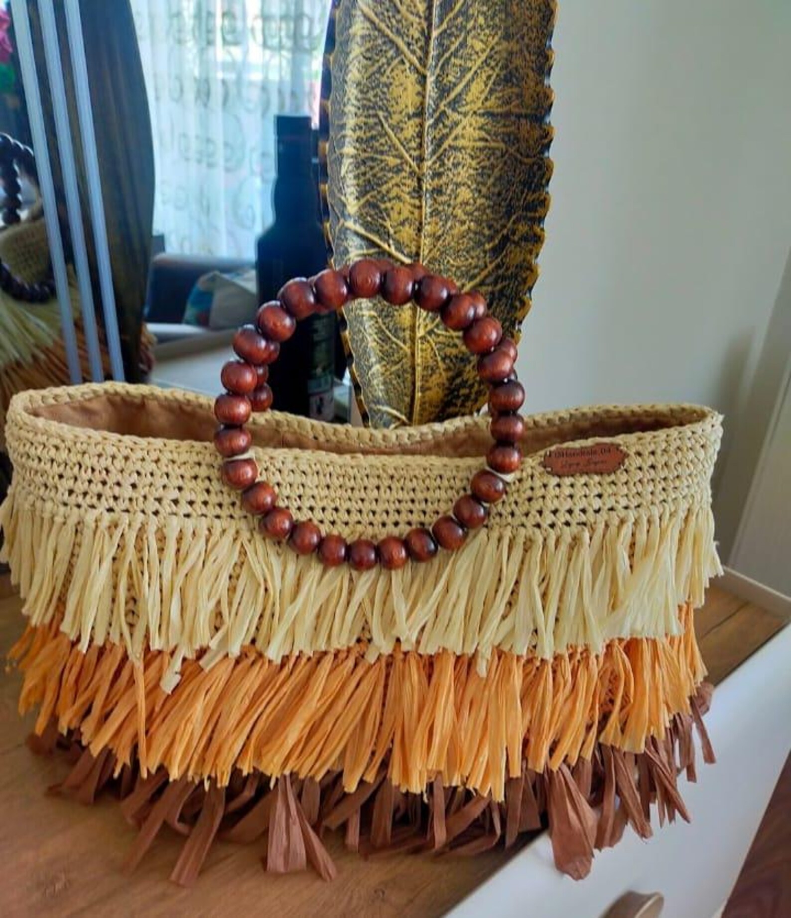 Handmade Straw Fringe Tote Bag With Wooden Beaded Handle, Boho Beach ...