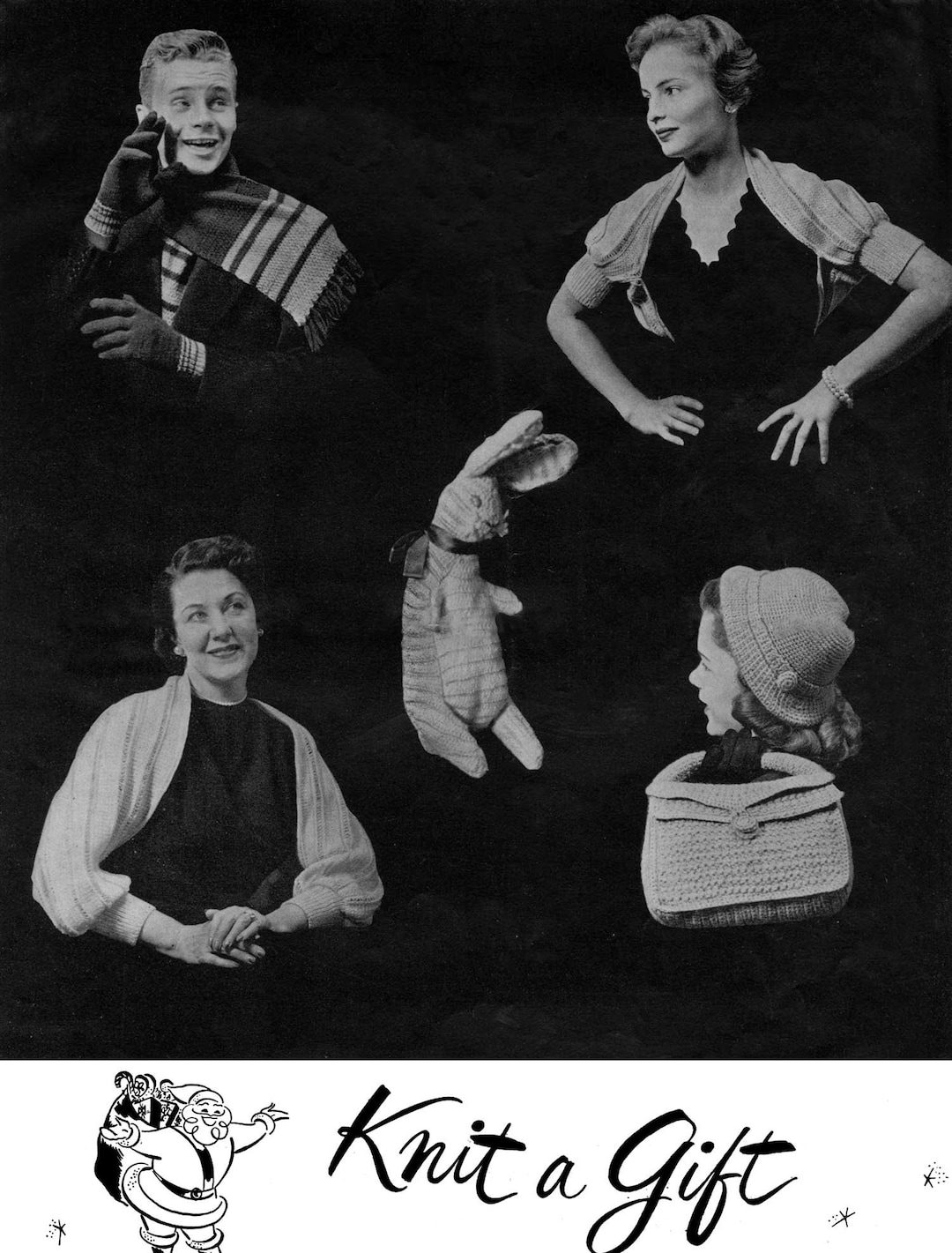 1950s Knitting Pattern: Christmas Gifts - Scarf, Rabbit, Hat, Bag (PDF ...