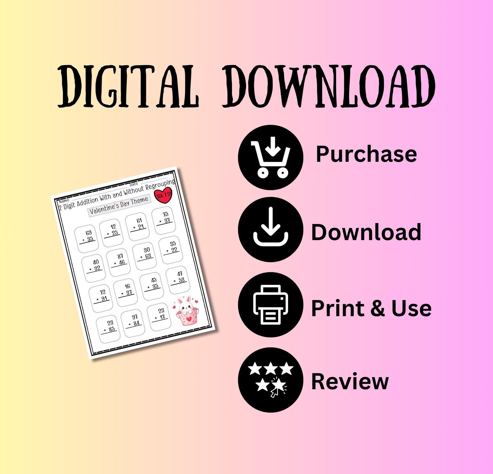 Valentine Themed Addition, Math Activity Worksheet for Grade 3, 1st ...