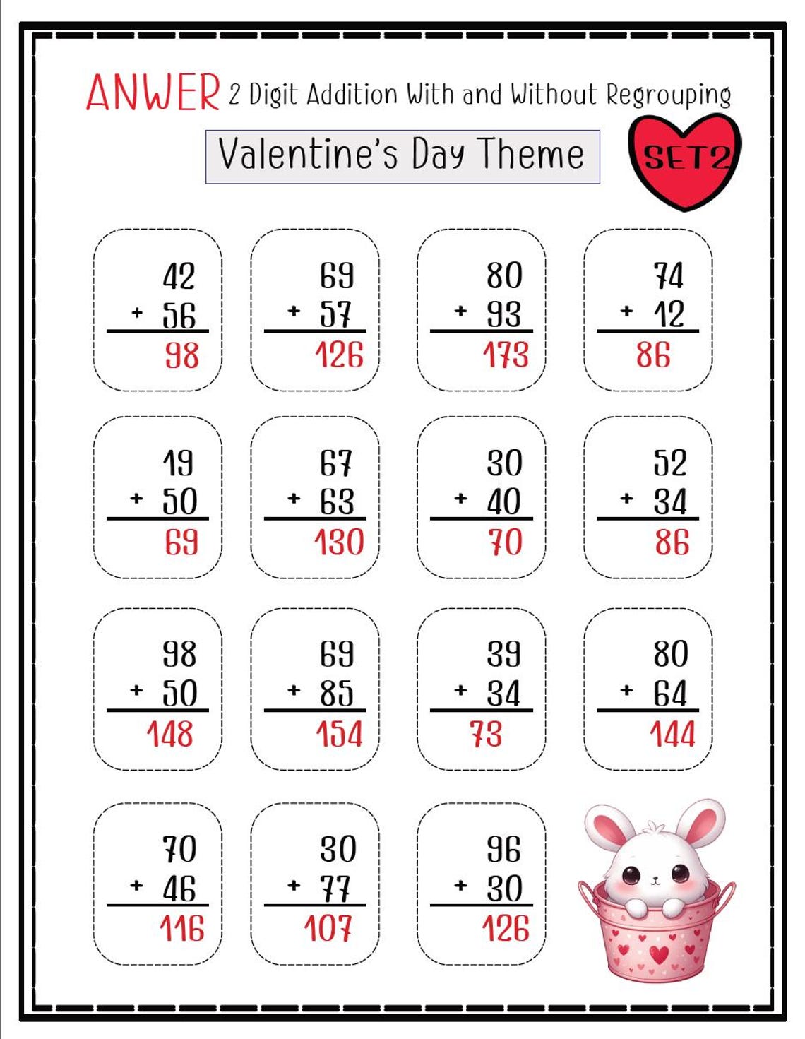 Valentine Themed Addition, Math Activity Worksheet for Grade 3, 1st ...