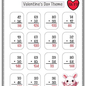 Valentine Themed Addition, Math Activity Worksheet for Grade 3, 1st ...