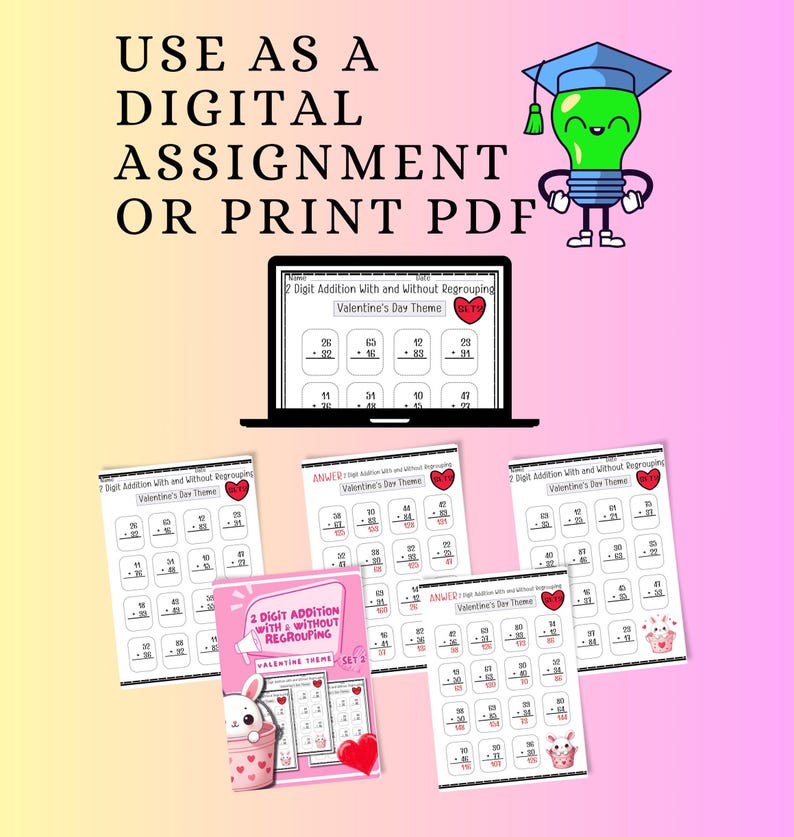 Valentine Themed Addition, Math Activity Worksheet for Grade 3, 1st ...