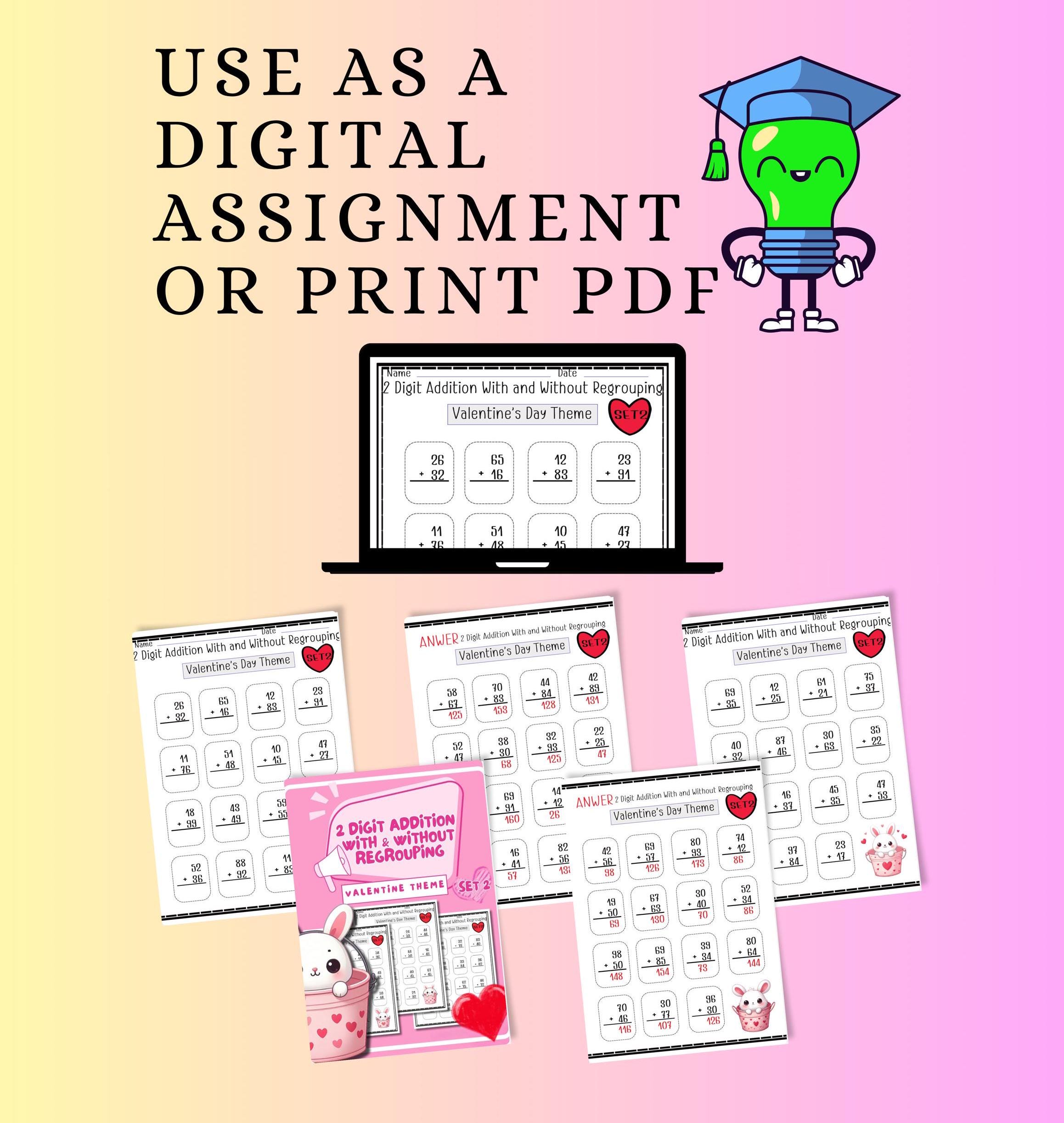 Valentine Themed Addition, Math Activity Worksheet for Grade 3, 1st ...