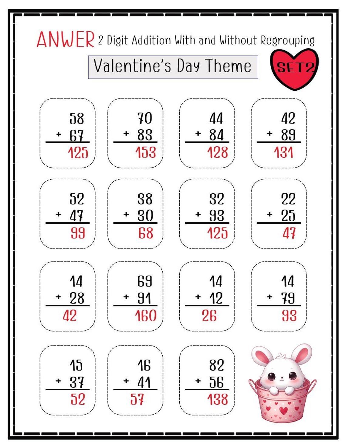 Valentine Themed Addition, Math Activity Worksheet for Grade 3, 1st ...