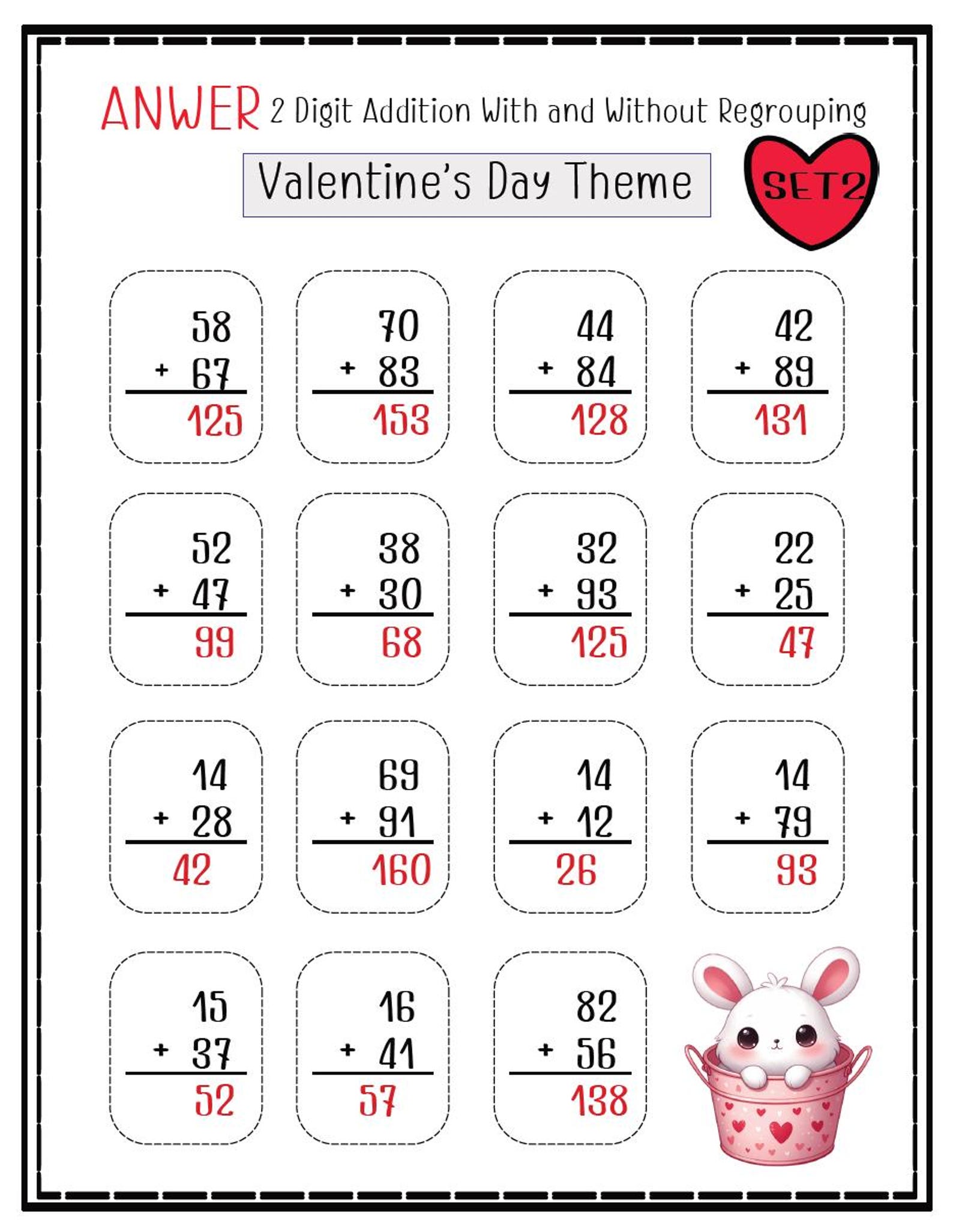 Valentine Themed Addition, Math Activity Worksheet for Grade 3, 1st ...
