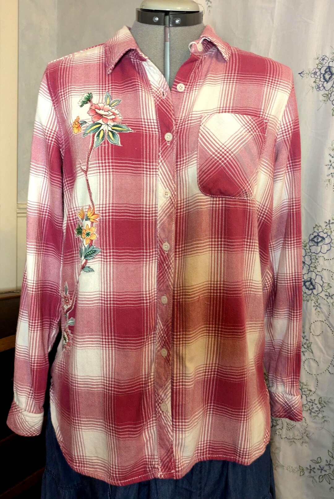 Upcycled Flannel Shirt (M): Pink Plaid With Crochet Doily & Fabric ...
