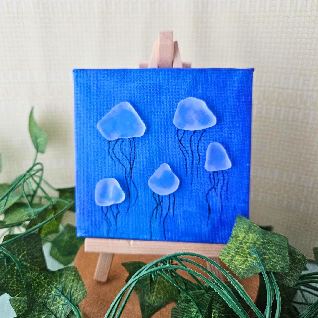Sea Glass Jellyfish Collage on Canvas –handcrafted Art With Genuine ...