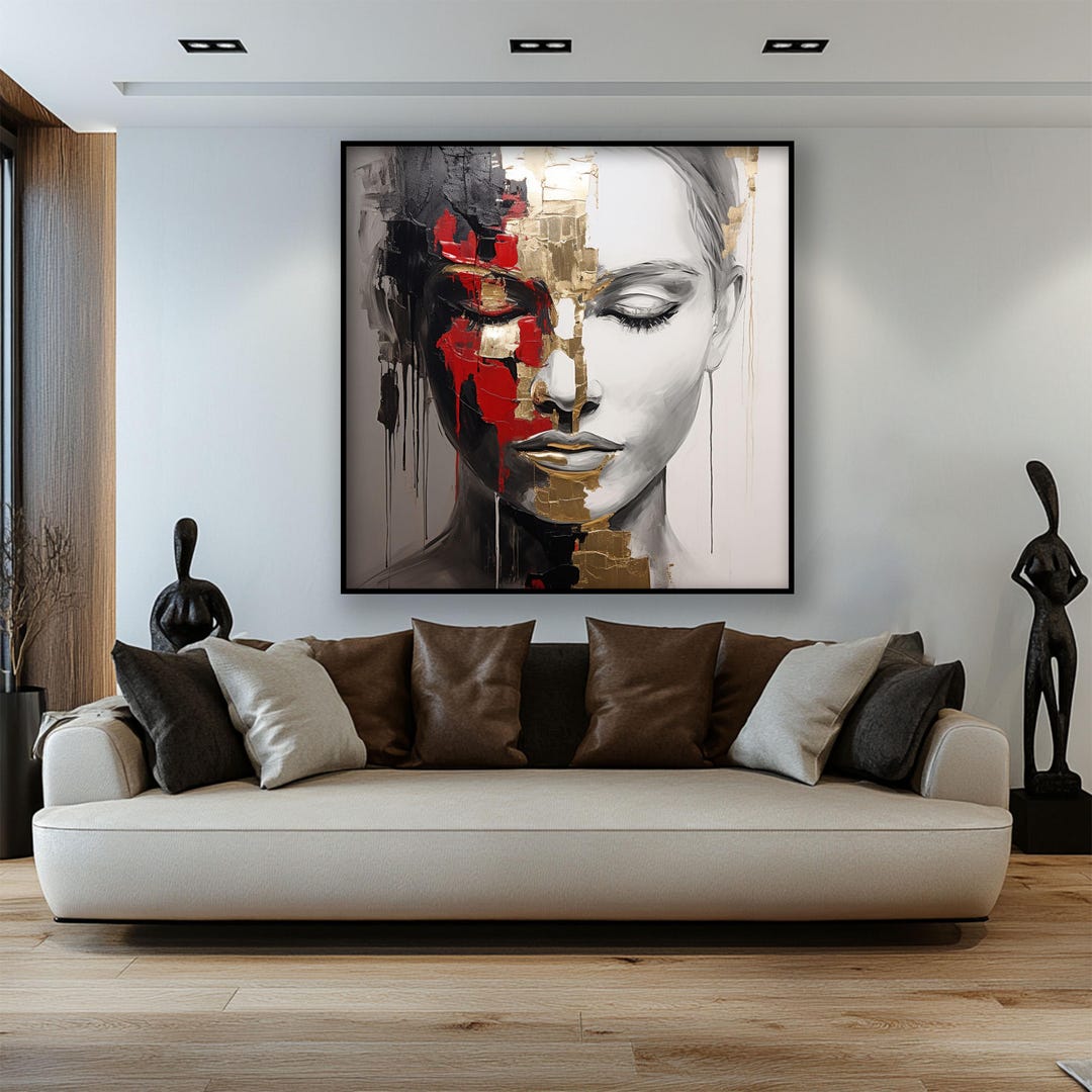 Hand Painted Woman Face Oil Painting: Red and Gold Abstract Canvas Art ...