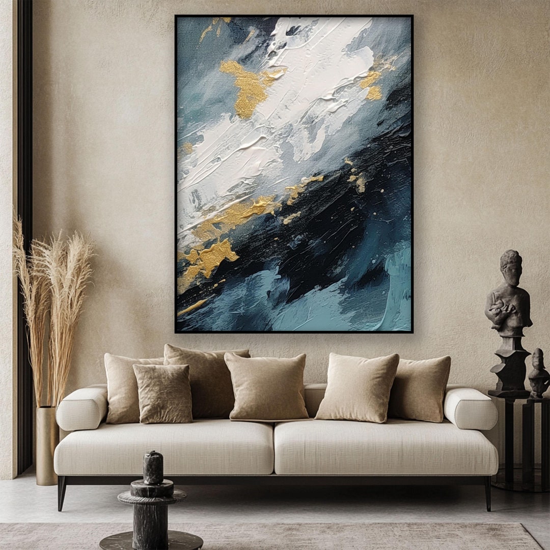 Navy Blue Patterns, 100% Hand Painted , Abstract Oil Painting, Textured ...