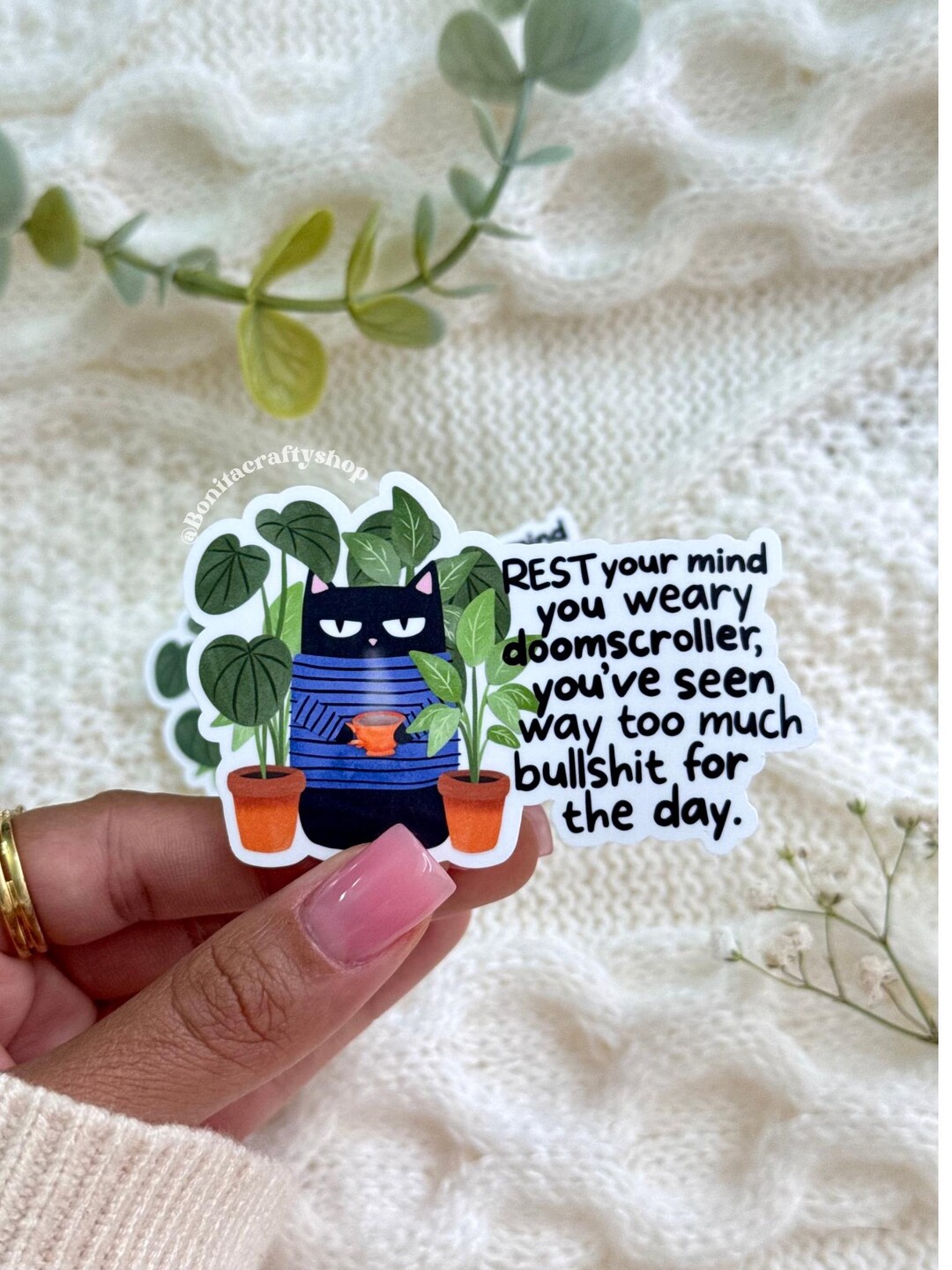 Cozy Doomscrolling Snarky Black Cat Sticker Vinyl| Mental Health Self ...