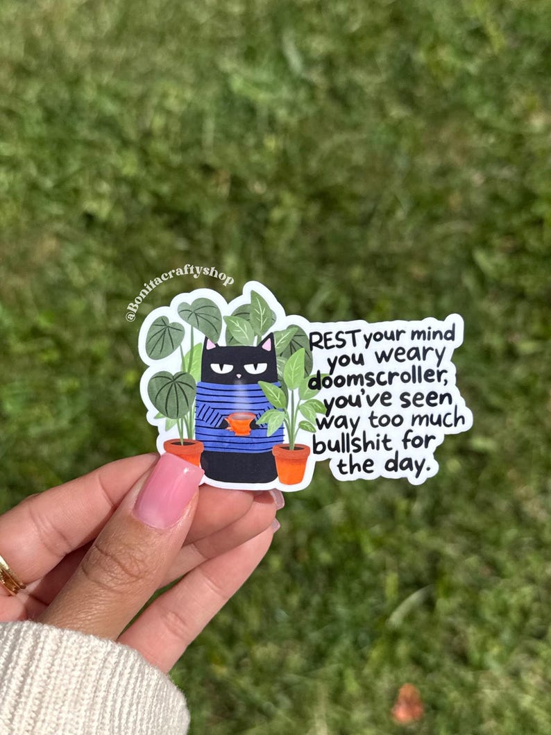 Cozy Doomscrolling Snarky Black Cat Sticker Vinyl| Mental Health Self ...