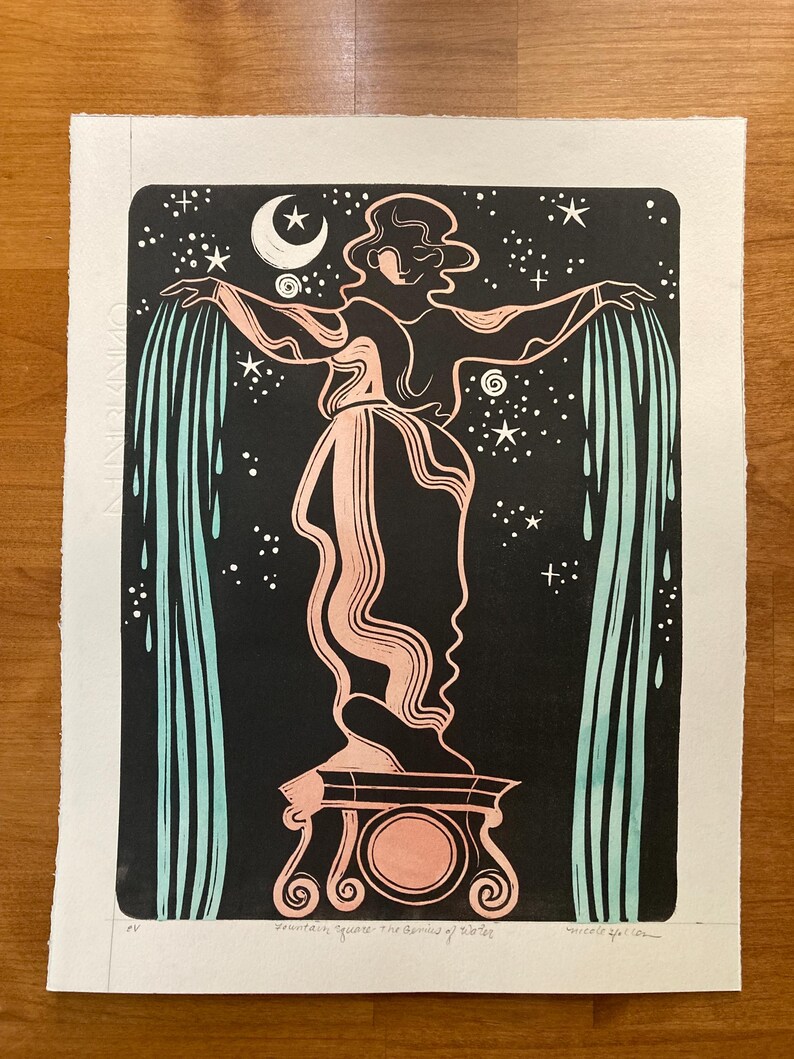 Fountain Square - the Genius of Water Block Print Cincinnati Relief ...