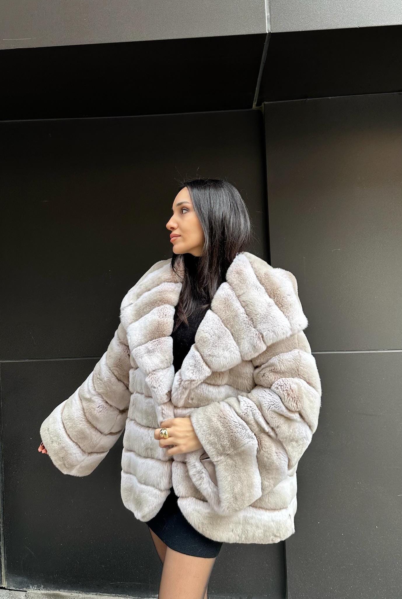 Rex Rabbit Fur Coat in Beige Color-women Fur Jacket Unique Soft Premium ...