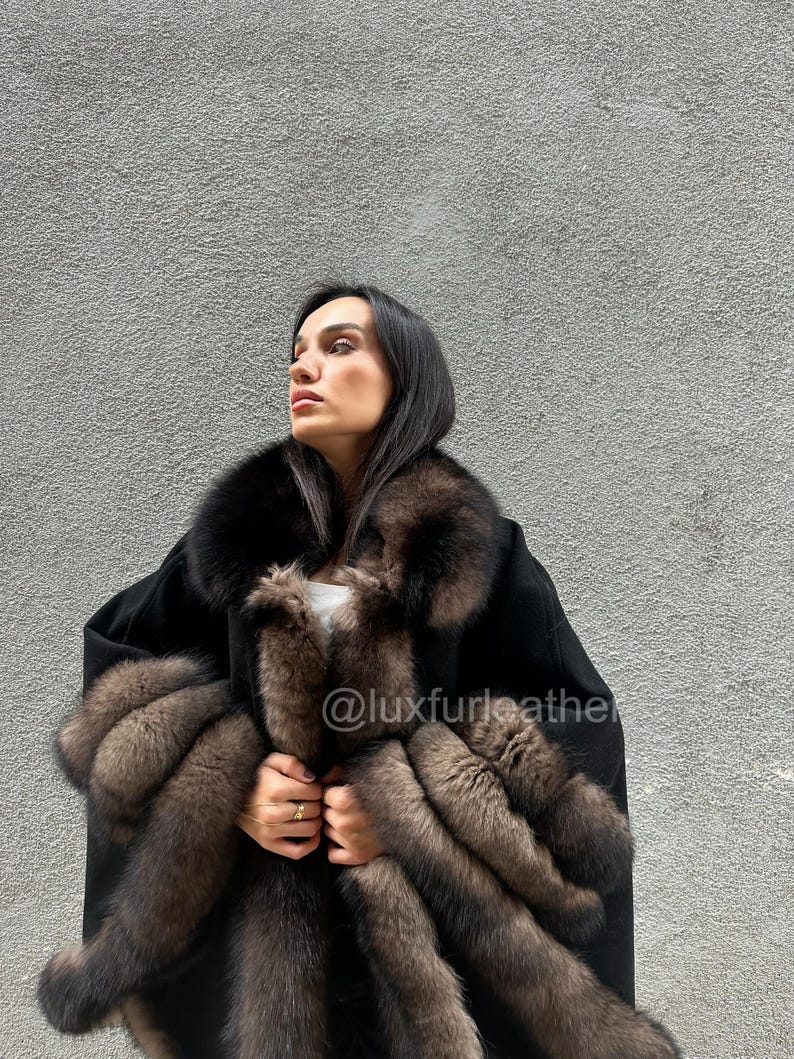 Black Sable Fox Fur Wool&cashmere Shawl- Women Cashmere Cape - Women ...