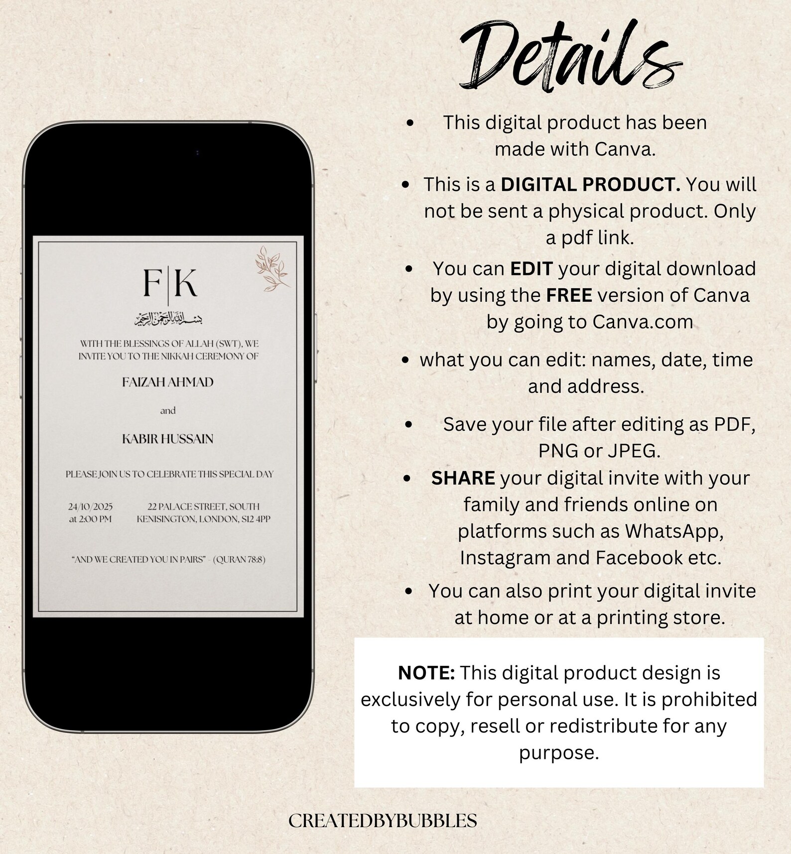 Beige Digital Nikkah Evite, Shaadi Evite, Nikah Mubarak, Islamic Elegant Card, Simple Nikah Card ...