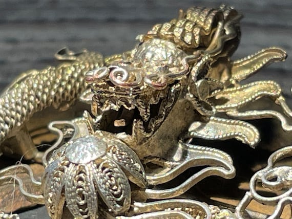 Art Deco Dragon with Ruby Glass Eyes .800 Spun Silver… - Gem