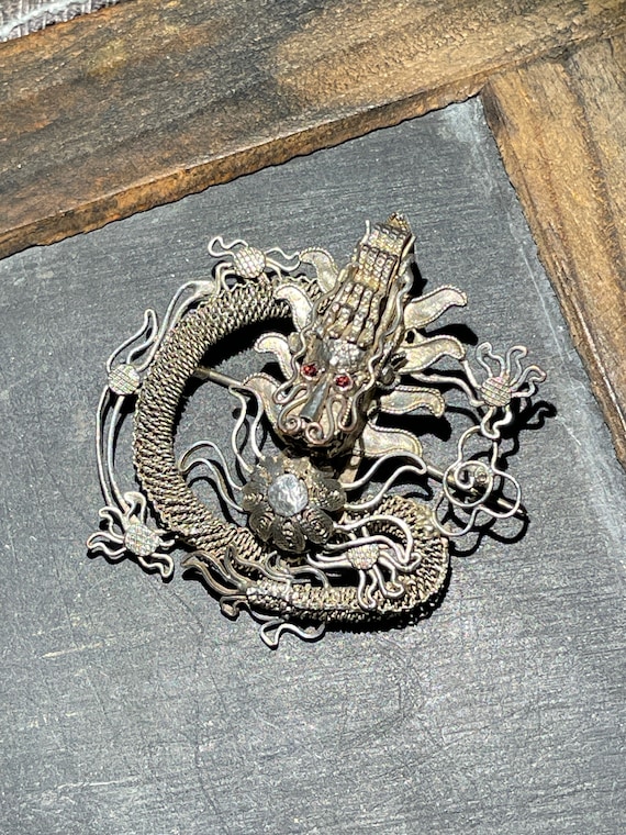 Art Deco Dragon with Ruby Glass Eyes .800 Spun Silver… - Gem