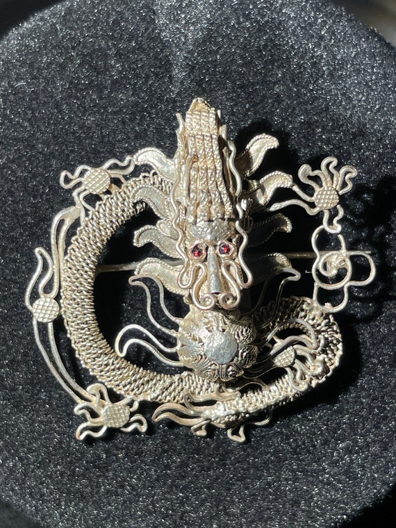 Art Deco Dragon with Ruby Glass Eyes .800 Spun Silver… - Gem