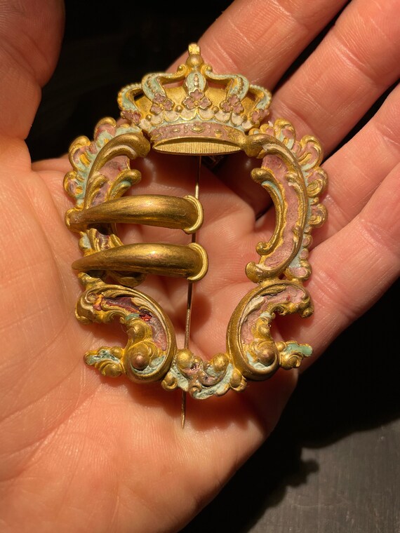 Art Nouveau Bronze Painted Rococo Style Buckle Brooch - Gem