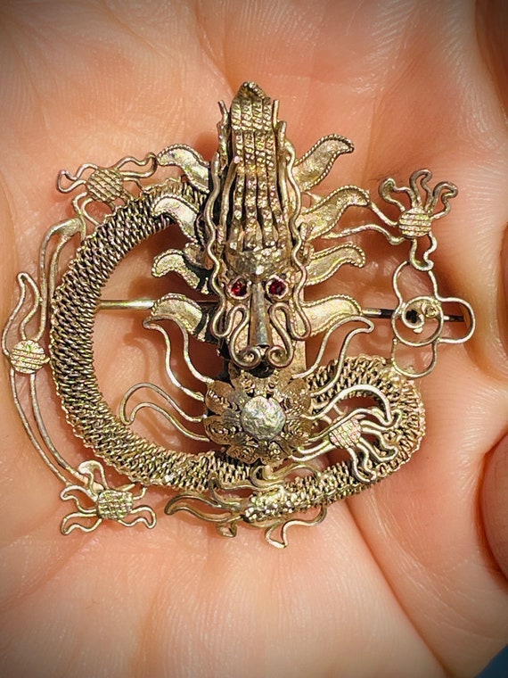Art Deco Dragon with Ruby Glass Eyes .800 Spun Silver… - Gem