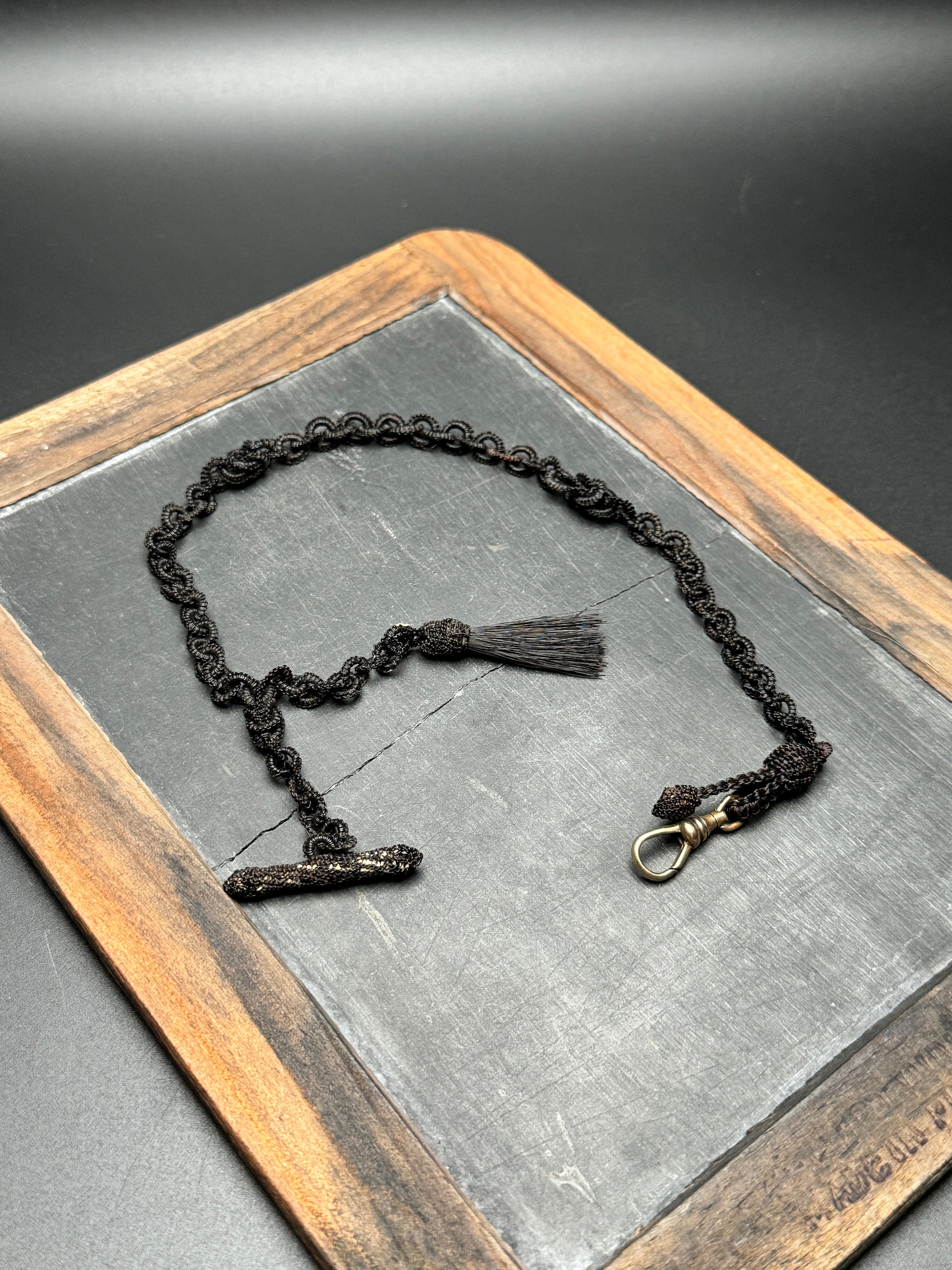 Victorian Genuine Black Mourning Horse Hair Watch Chain With Yellow ...