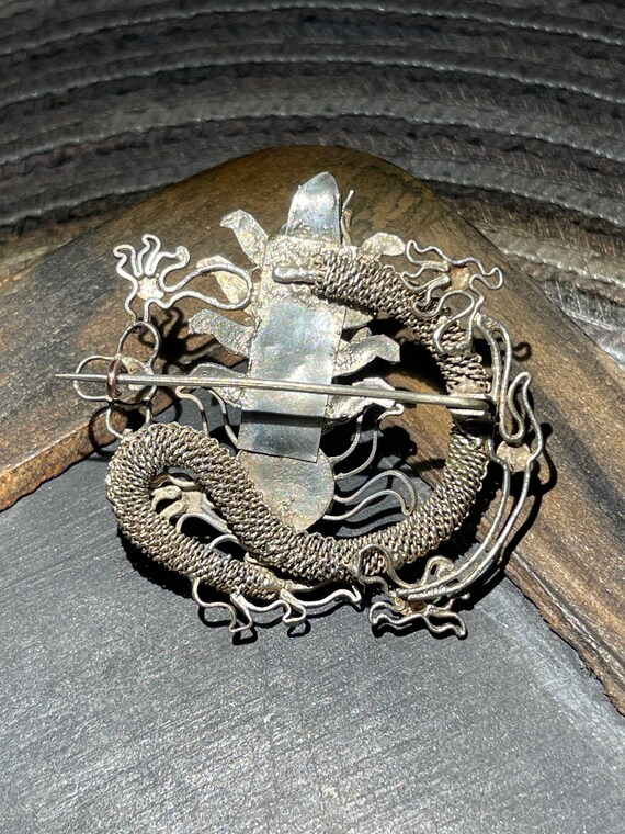 Art Deco Dragon with Ruby Glass Eyes .800 Spun Silver… - Gem