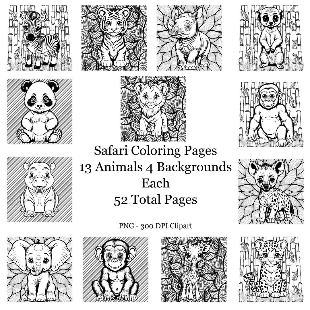 Safari Animal Coloring Book Pages (4) Different Backgrounds, (13 ...