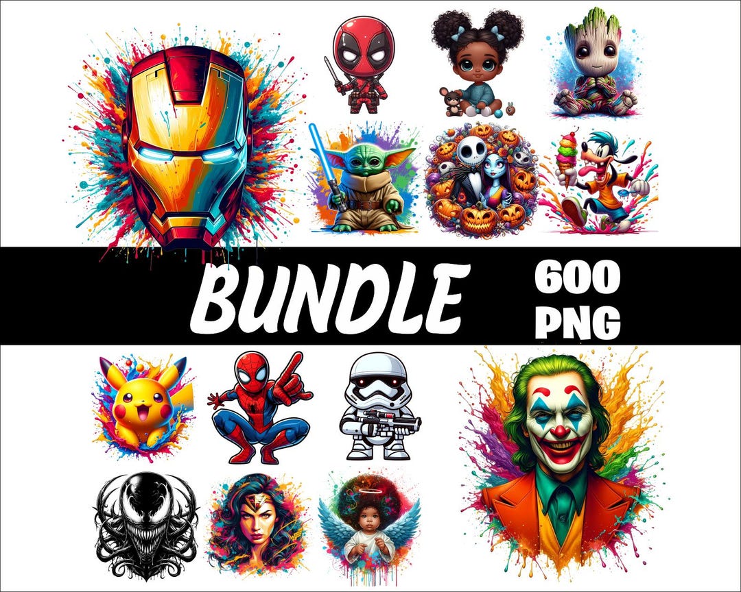 600 PNG Bundle Heroes and Movies Character Png Splash and Watercolor ...