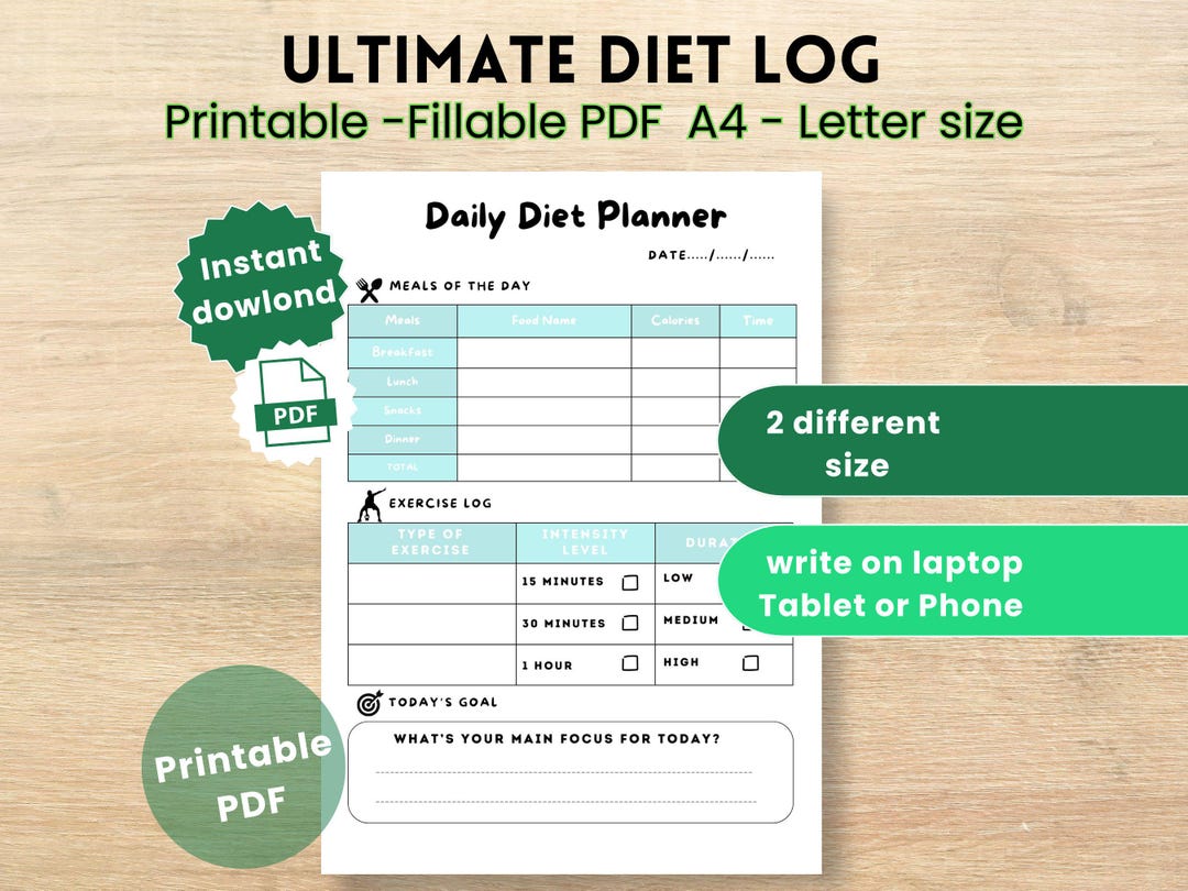 Daily Diet Planner Printable: Food Journal & Exercise Tracker (a4 ...