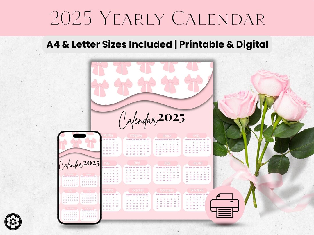2025 Yearly Calendar Printable, Pink Bow Calendar, 2025 Wall Calendar ...