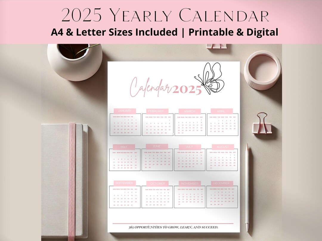 2025 Yearly Calendar Printable, Pink Minimalist Butterfly Calendar ...