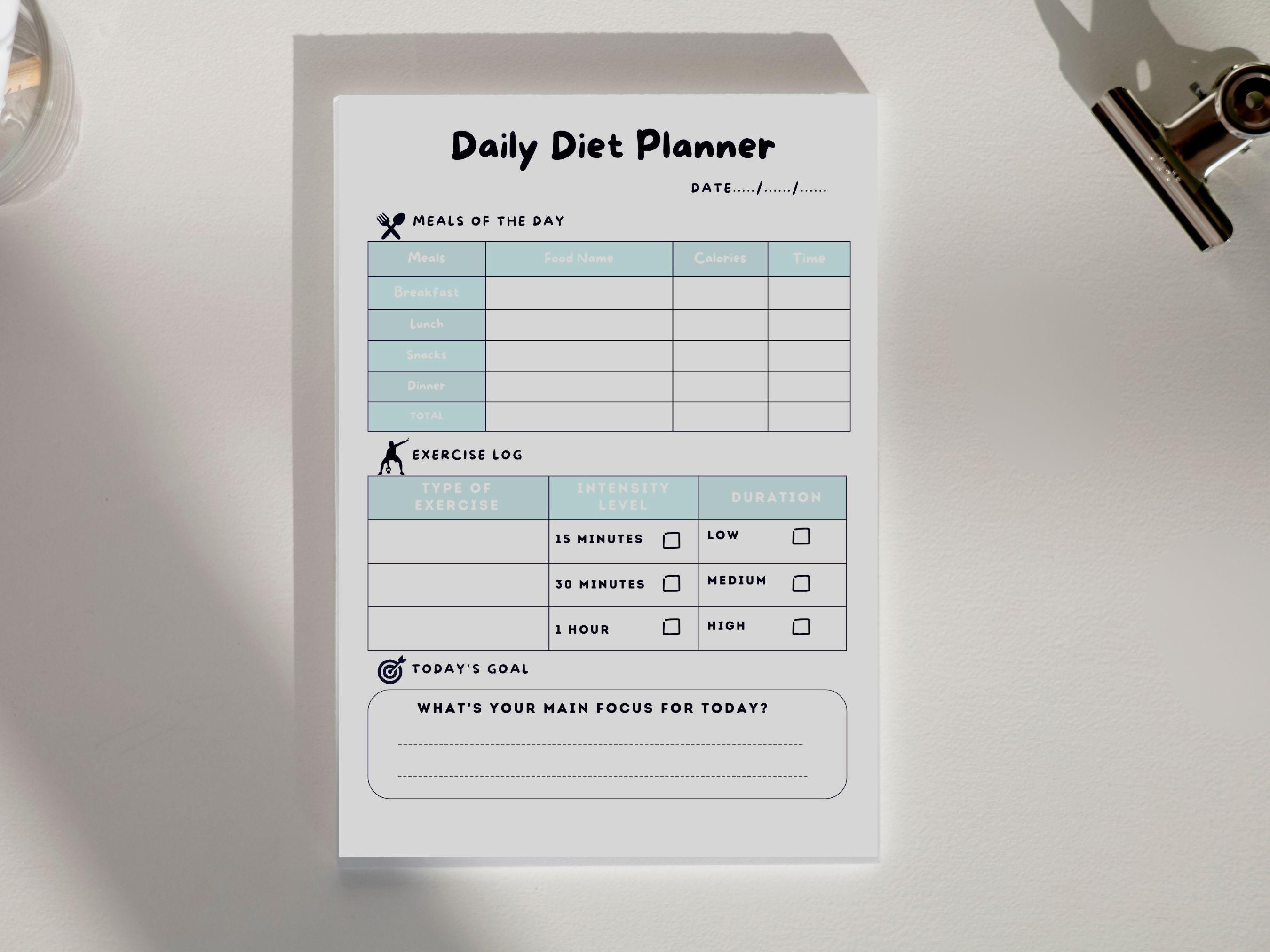 Daily Diet Planner Printable: Food Journal & Exercise Tracker (a4 ...