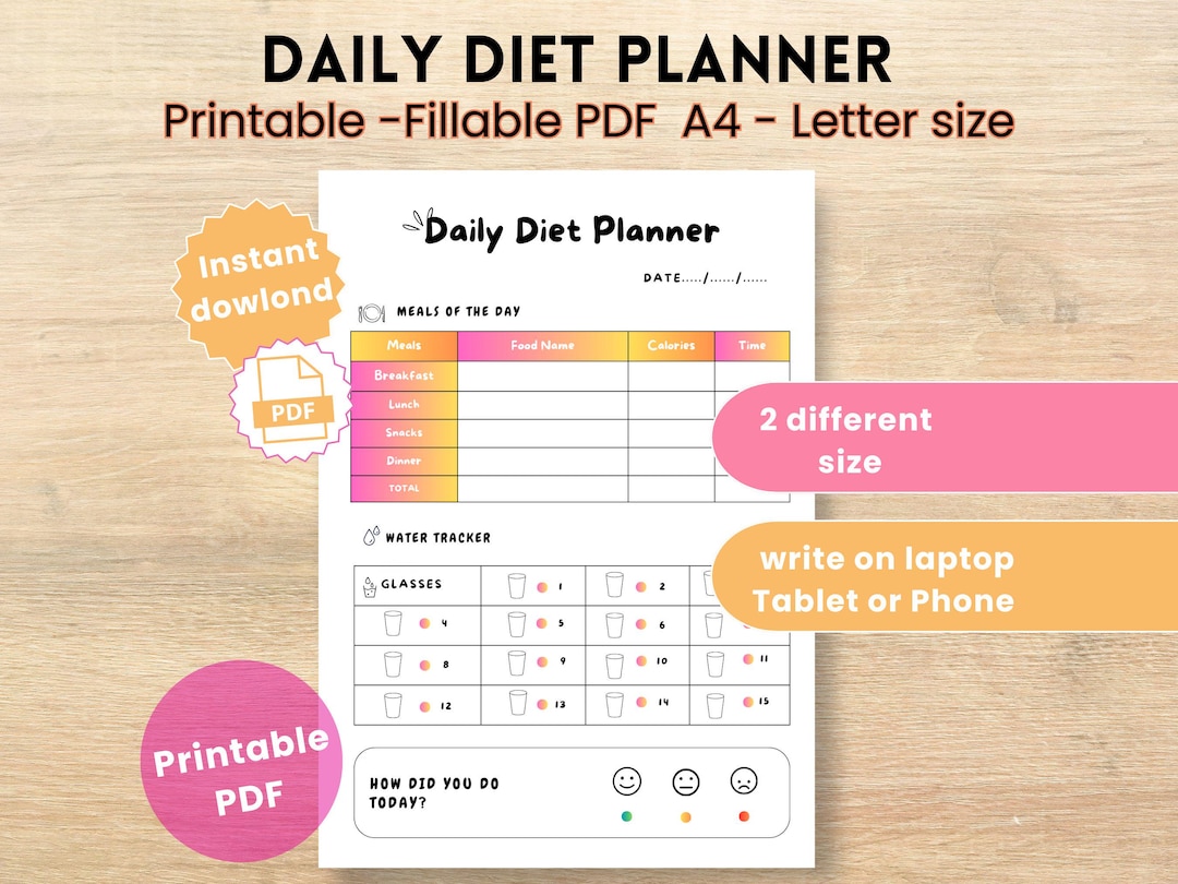 Daily Diet Planner Printable: Colorful Meal & Water Tracker (PDF) - Etsy