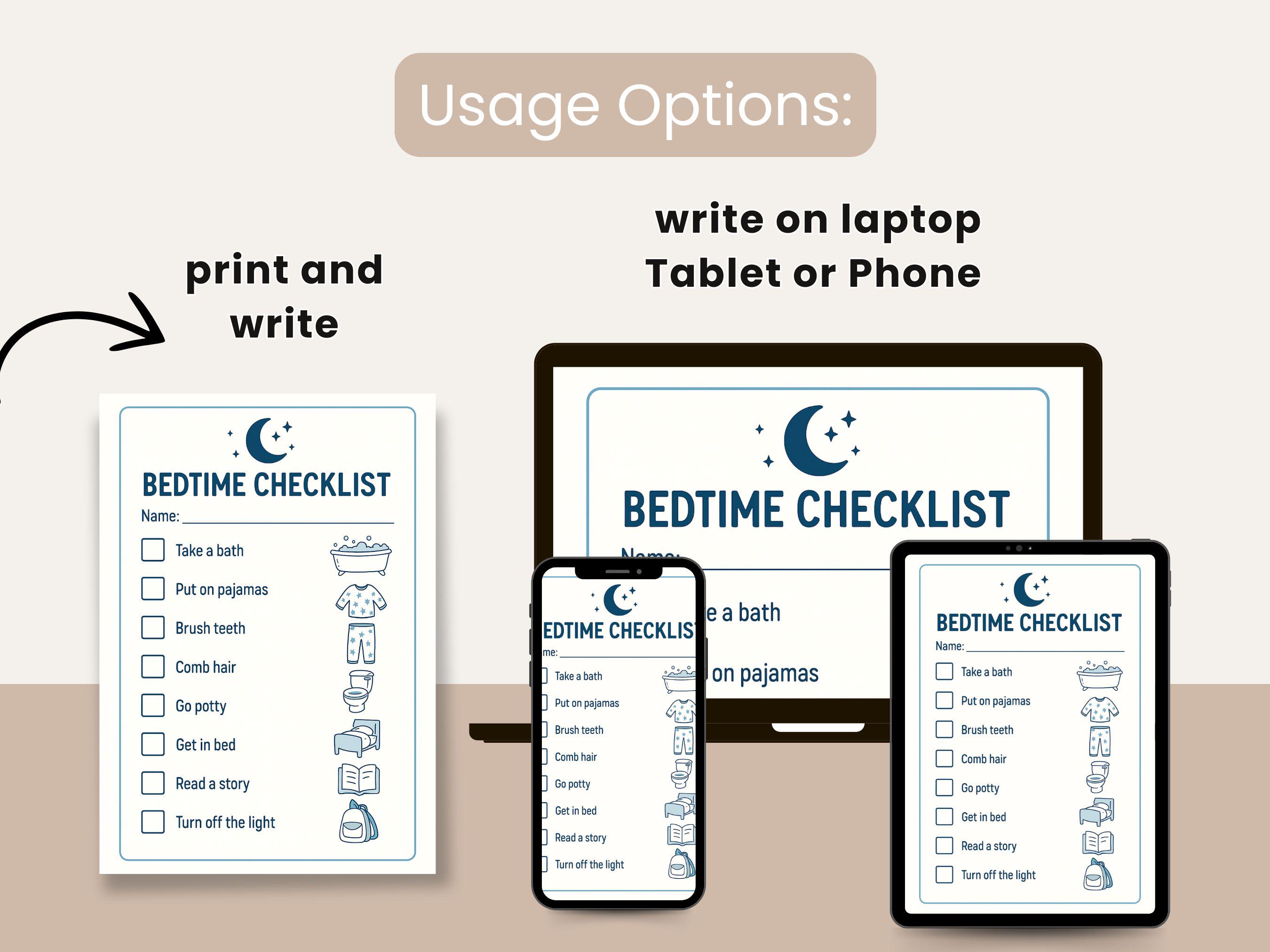 Printable Bedtime Checklist for Kids: A4 Nighttime Routine Chart (PDF ...