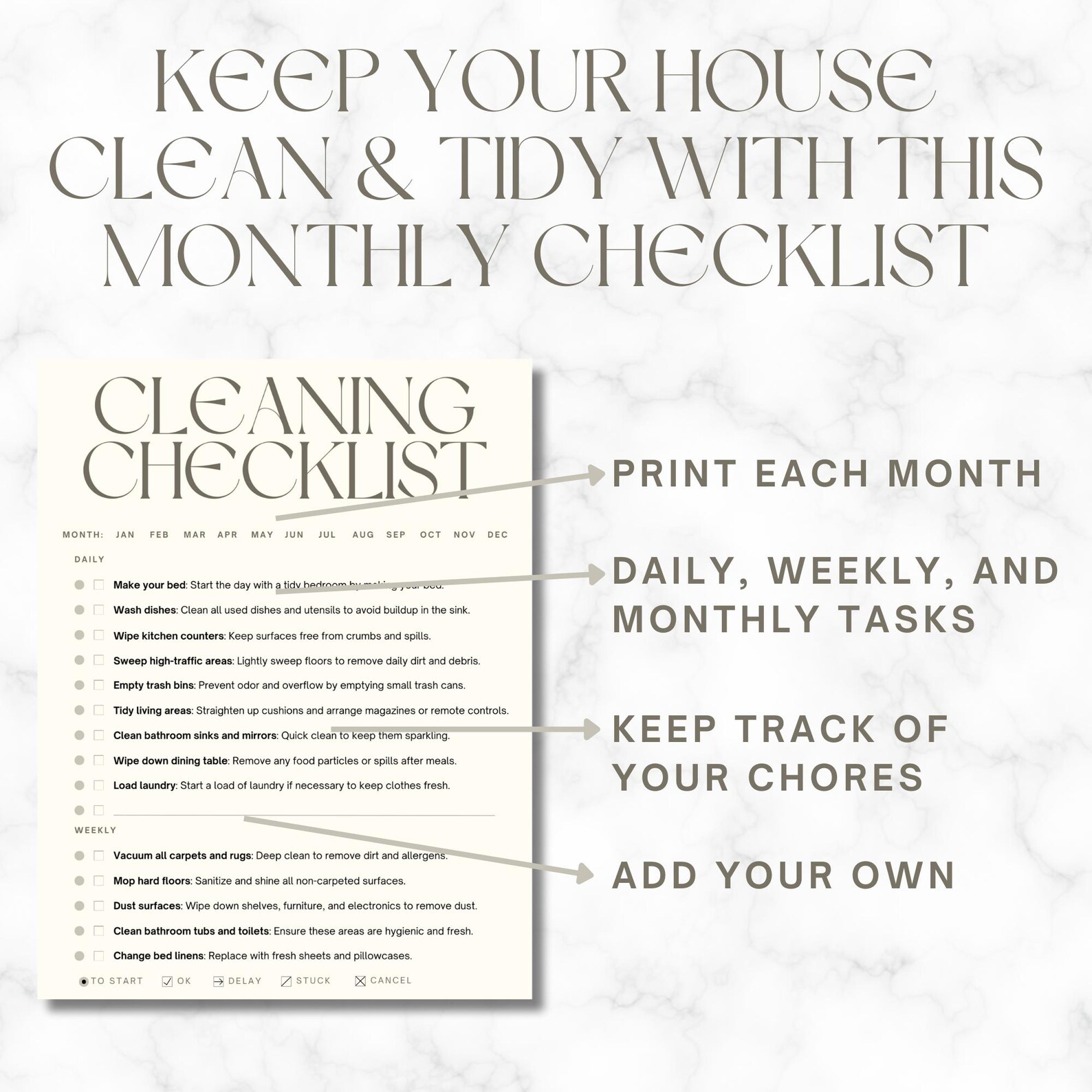 Printable Monthly Cleaning Checklist - PDF Download, Home Organization ...