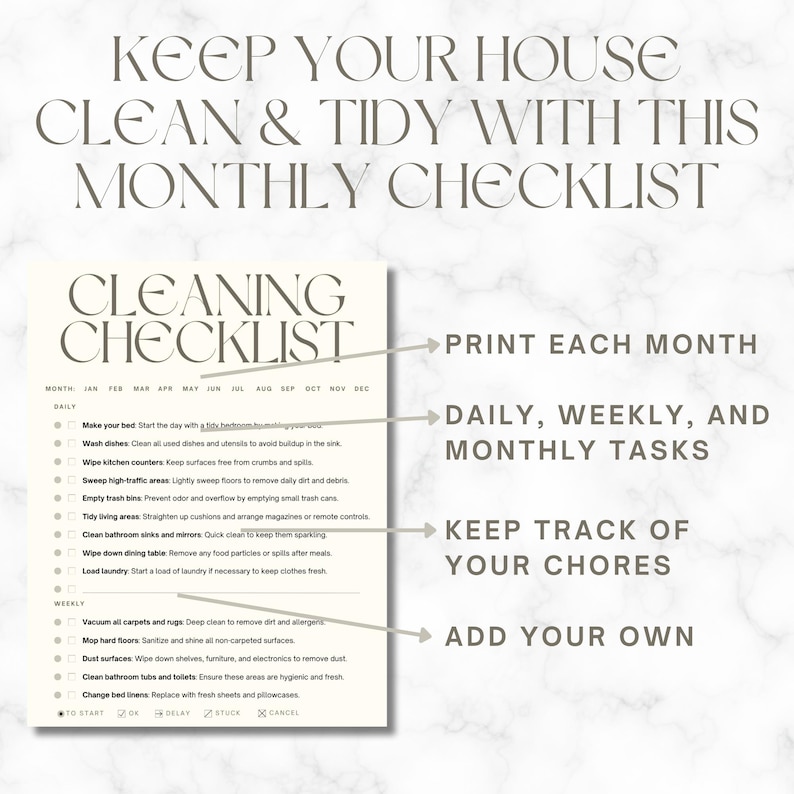 Printable Monthly Cleaning Checklist - PDF Download, Home Organization ...